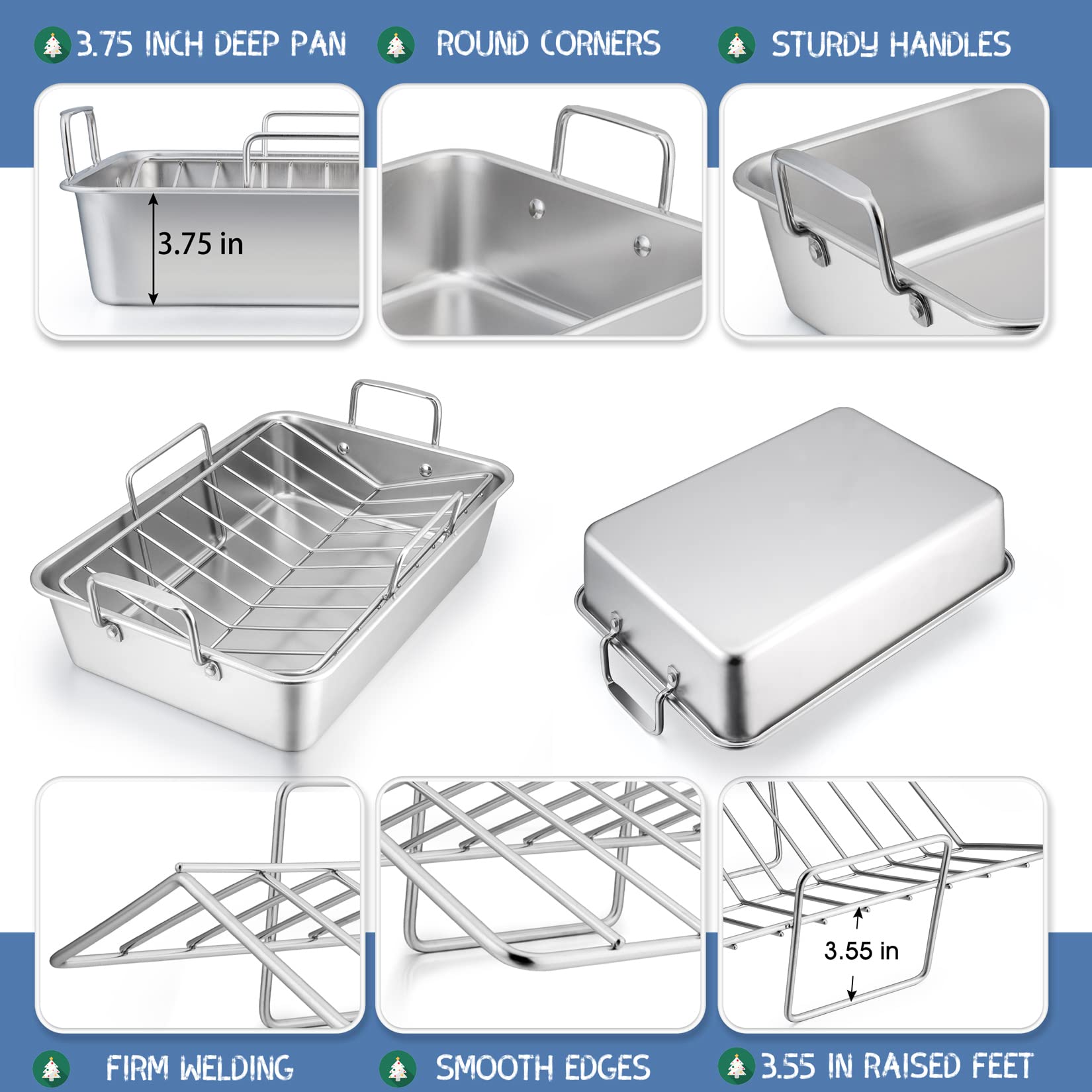 16" Roasting Pan with Rack, 7 PCS P&P CHEF Stainless Steel Roaster Lasagna Pan with Cooling Flat & V-shaped Baking Rack, Grilling Chicken Holder, Meat Shredding Claws, Dishwasher & Oven Safe