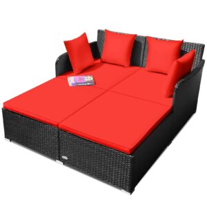 salches, outdoor rattan daybed, patio loveseat sofa set w/comfortable cushions, extra pillows & metal foot, sunbed wicker furniture for yard/poolside/living room/garden/porch, red