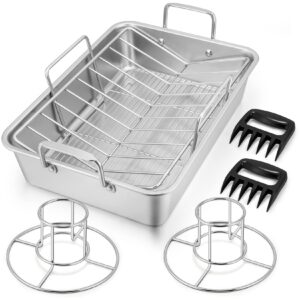 16" roasting pan with rack, 7 pcs p&p chef stainless steel roaster lasagna pan with cooling flat & v-shaped baking rack, grilling chicken holder, meat shredding claws, dishwasher & oven safe