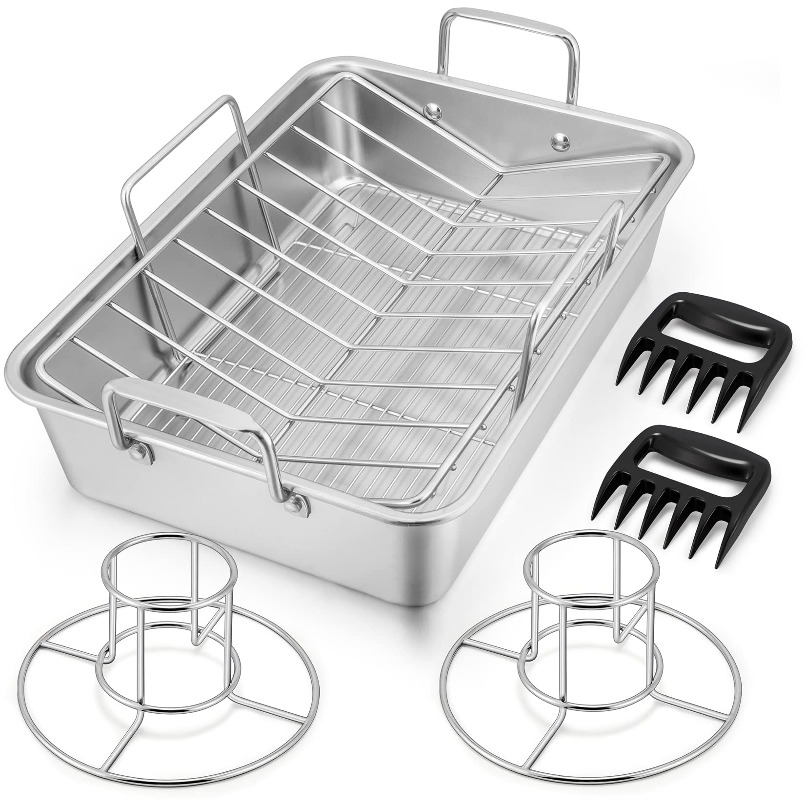 16" Roasting Pan with Rack, 7 PCS P&P CHEF Stainless Steel Roaster Lasagna Pan with Cooling Flat & V-shaped Baking Rack, Grilling Chicken Holder, Meat Shredding Claws, Dishwasher & Oven Safe