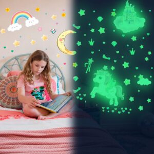 Glow in The Dark Stars and Unicorn Wall Decals, Glowing Castle Moon and Rainbow Stickers, 174 pcs Luminous Ceiling Decor for Kids Bedroom, Great Wall Decor for Girls and Boys Gift