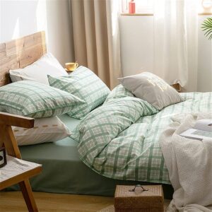 Nayoroom Green Plaid Duvet Cover Queen Size White Sage Green Grid Geometric Patterned Bedding Set 3 Pieces Soft Durable 120G Microfiber Reversible Comforter Cover with Zipper Closure for Women Men