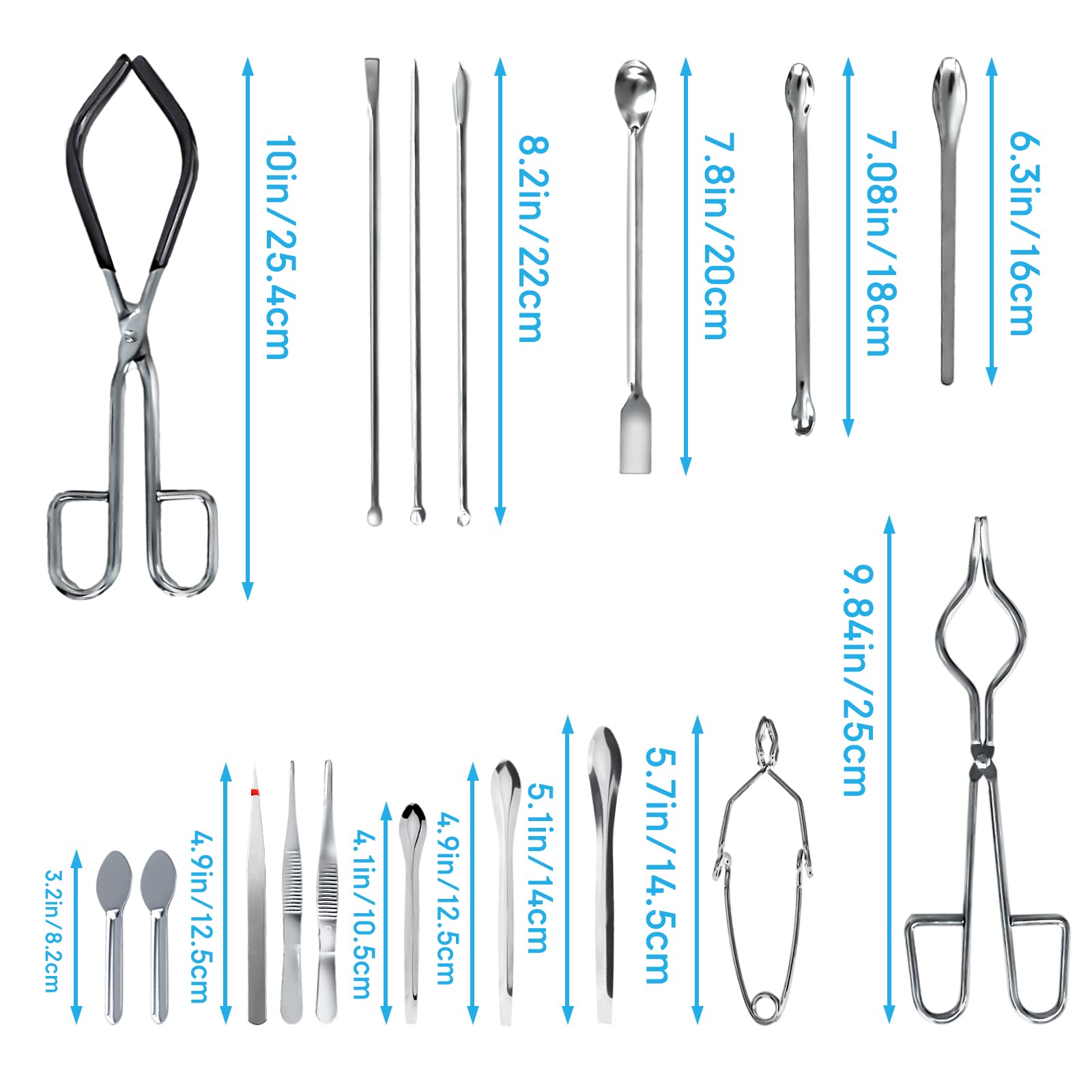 Scientific Lab Tools Pack for Basic Starter, Chemistry Set - Crucible Tongs Lab Spatula Scoop U-Shape Spoon Test Tube Clamps Stainless Steel Forceps Tweezers