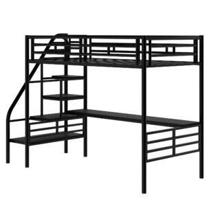 Metal Loft Bed Frame for Boys Girls Kids Adults Toddler with Desk, No Box Spring Needed,Twin,Black