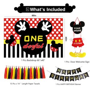 FVABO Mickey 1st Birthday Party Supplies Include Backdrop, Balloons Garland Arch, Welcome Hanger, Banner, Crown, Tablecloth, Cake Topper, Tassels, Mickey Theme Mouse Baby Shower Party Decorations