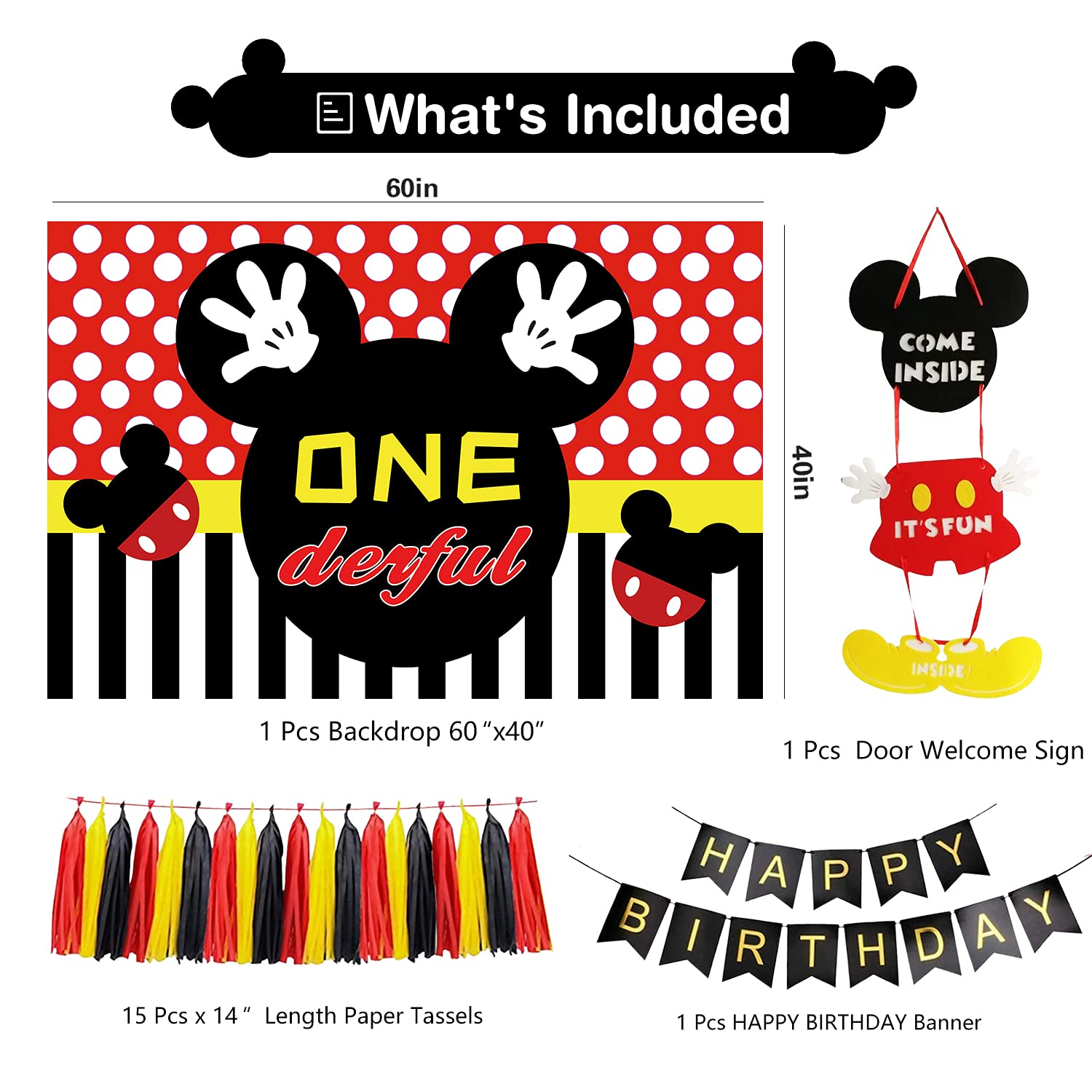 FVABO Mickey 1st Birthday Party Supplies Include Backdrop, Balloons Garland Arch, Welcome Hanger, Banner, Crown, Tablecloth, Cake Topper, Tassels, Mickey Theme Mouse Baby Shower Party Decorations