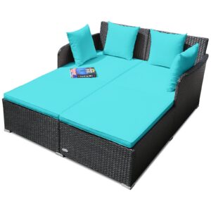 salches outdoor rattan daybed, patio loveseat sofa set w/comfortable cushions extra pillows & metal foot, sunbed wicker furniture for yard/poolside/living room/garden/porch, 1, turquoise