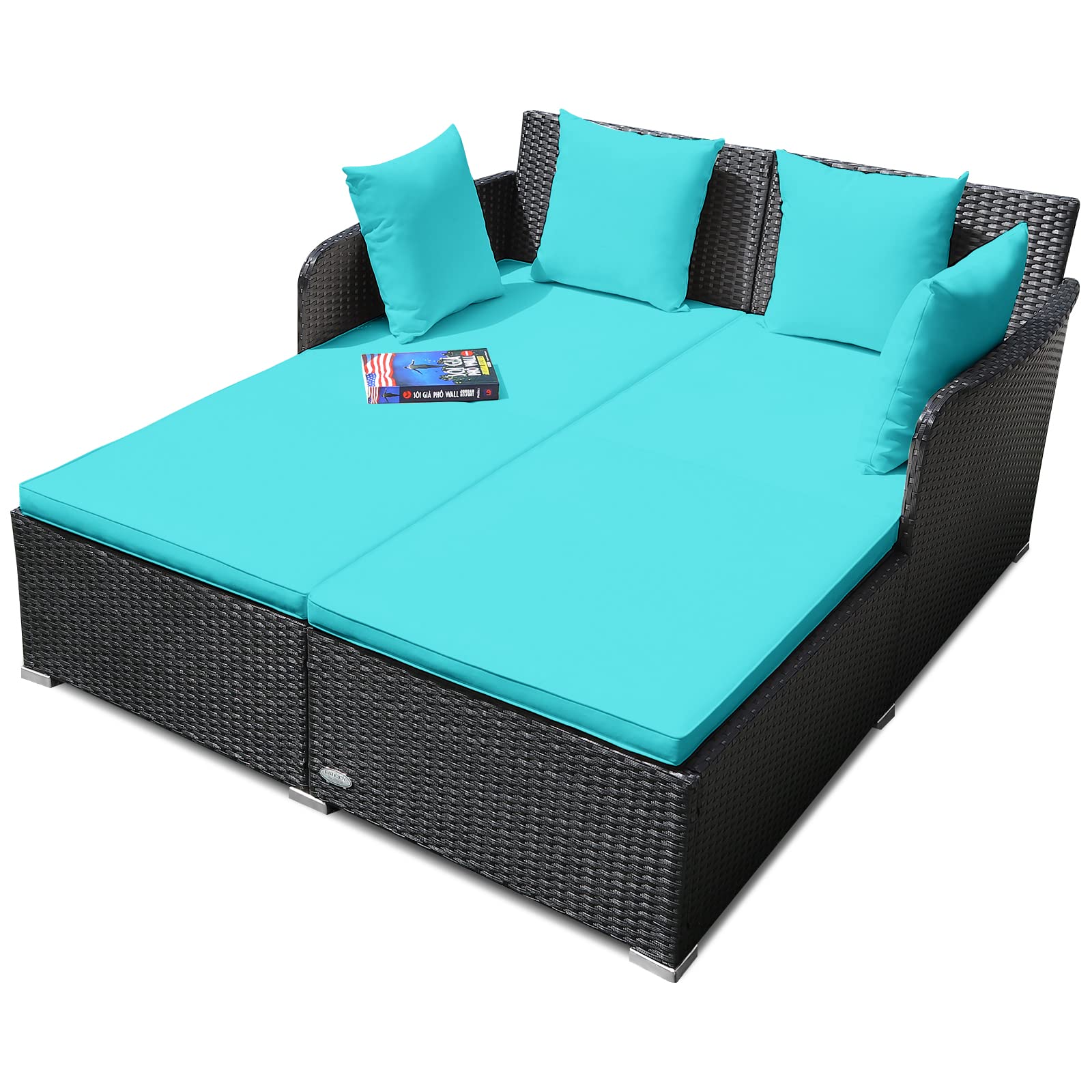 Salches Outdoor Rattan Daybed, Patio Loveseat Sofa Set w/Comfortable Cushions Extra Pillows & Metal Foot, Sunbed Wicker Furniture for Yard/Poolside/Living Room/Garden/Porch, 1, Turquoise