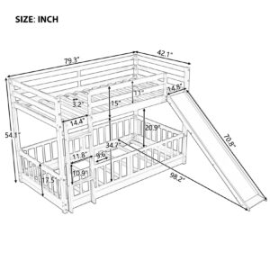 Floor Bunk Bed with Slide, Twin Over Twin Bunk Bed for Kids Toddlers, Wood Low Beds Frame with Ladder for Boys Girls Teens, Espresso