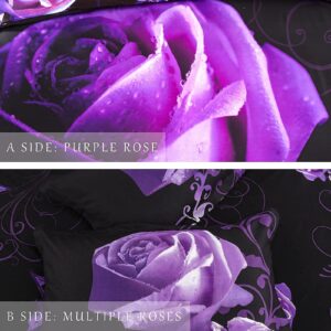 3D Purple Rose Duvet Cover Sheet Set Queen, Reversible Purple Rose Pattern Printed Bedding Comforter Cover with Zipper Closure, 7 Pieces Bundle Soft Microfiber Bedding Duvet Cover Sheets Set 90"x90"