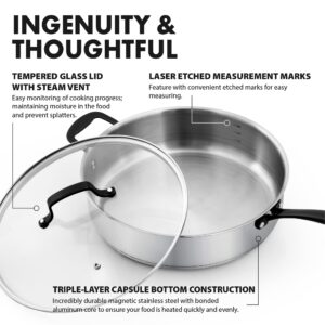 GRANDTIES Tri-Ply Stainless Steel Saute pan Induction Cookware – 5 QT 12 Inch Capsule Bottom Stainless Steel Pan, Marquina Black Metal Handle Kitchen Cooking Pan with Lid, Dishwasher Safe Pot & Pan