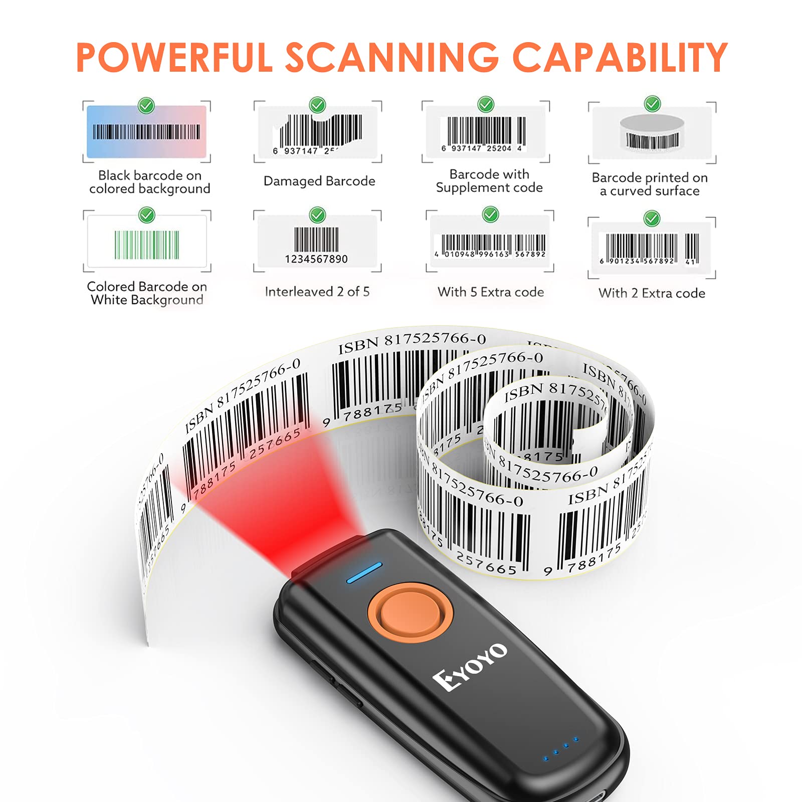 Eyoyo 1D Linear Wireless Barcode Scanner Bluetooth,Fast&Accurate Scanning,Volume Adjust Button,Battery Level Indicator,Mini Portable Pocket Inventory Bar Codes Reader for Computer, Android, iOS Phones