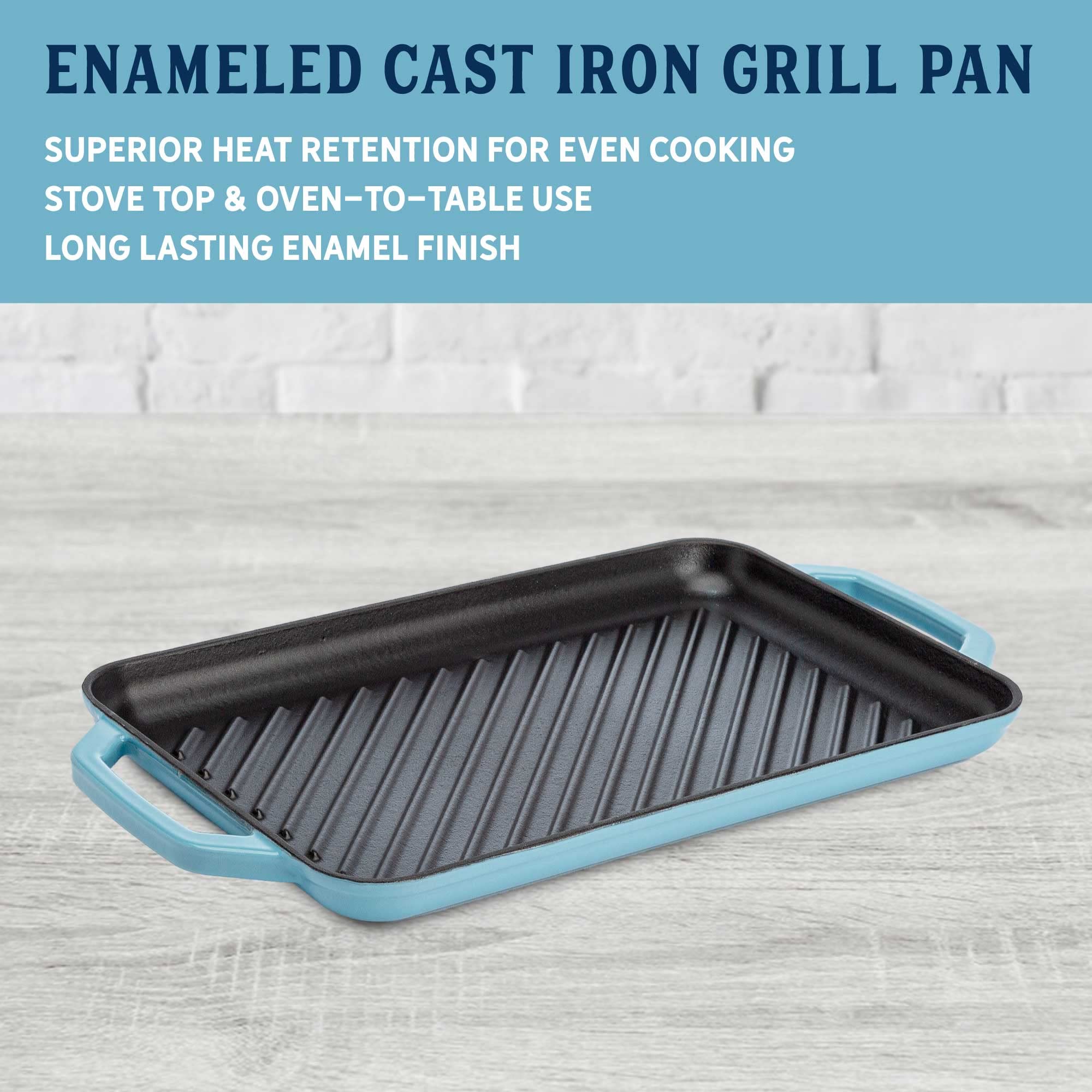 Country Living Enameled Cast Iron Grill Pan, Family Sized Rectangular Griddle, Durable Indoor and Outdoor Cookware, 17" x 9.5", Blue