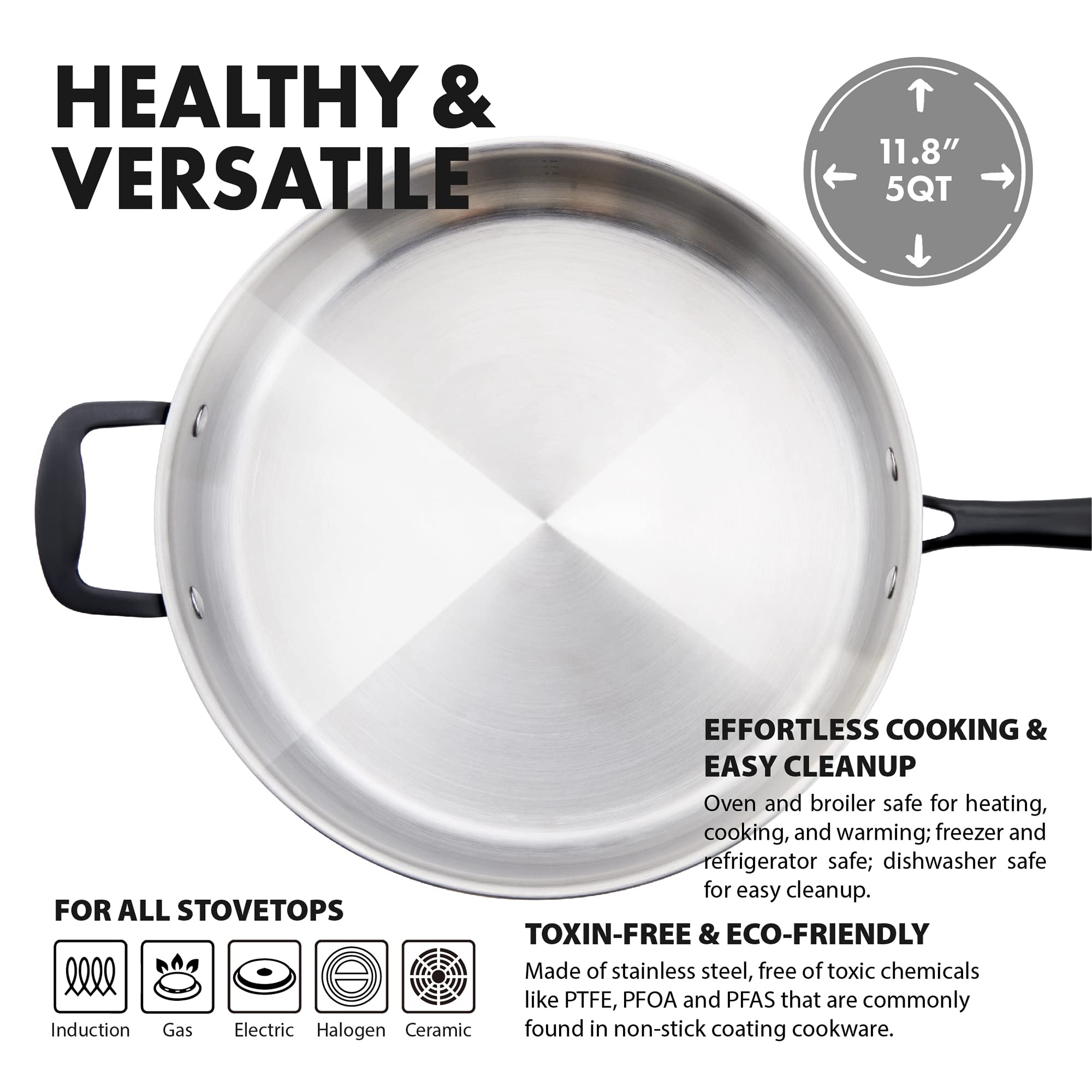 GRANDTIES Tri-Ply Stainless Steel Saute pan Induction Cookware – 5 QT 12 Inch Capsule Bottom Stainless Steel Pan, Marquina Black Metal Handle Kitchen Cooking Pan with Lid, Dishwasher Safe Pot & Pan