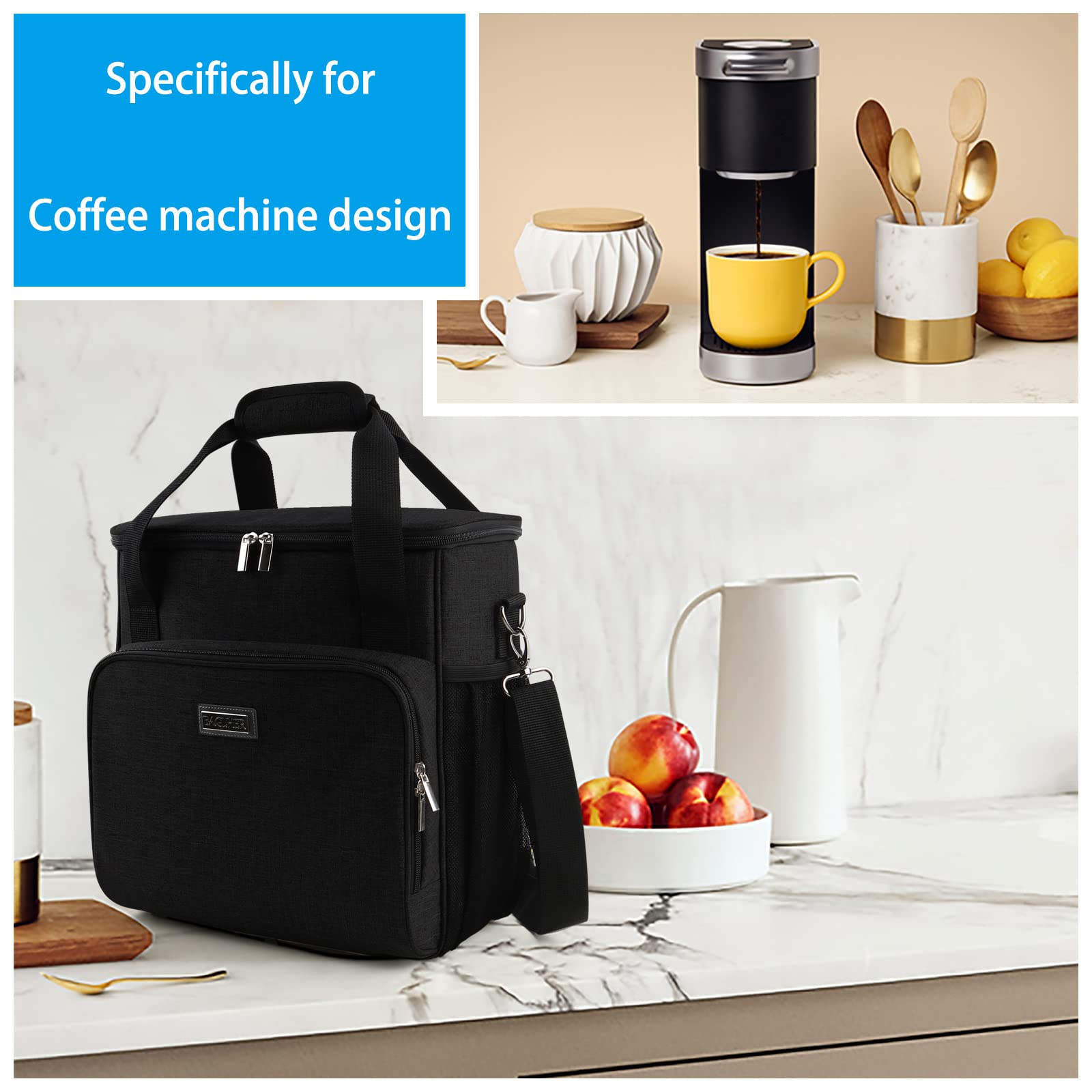 BAGLHER Coffee Maker Travel Bag Compatible with Keurig K-Mini, K-Mini Plus, Nespresso Vertuo or Other Accessories, Portable Coffee Maker Case with Shoulder Strap for Travel Black