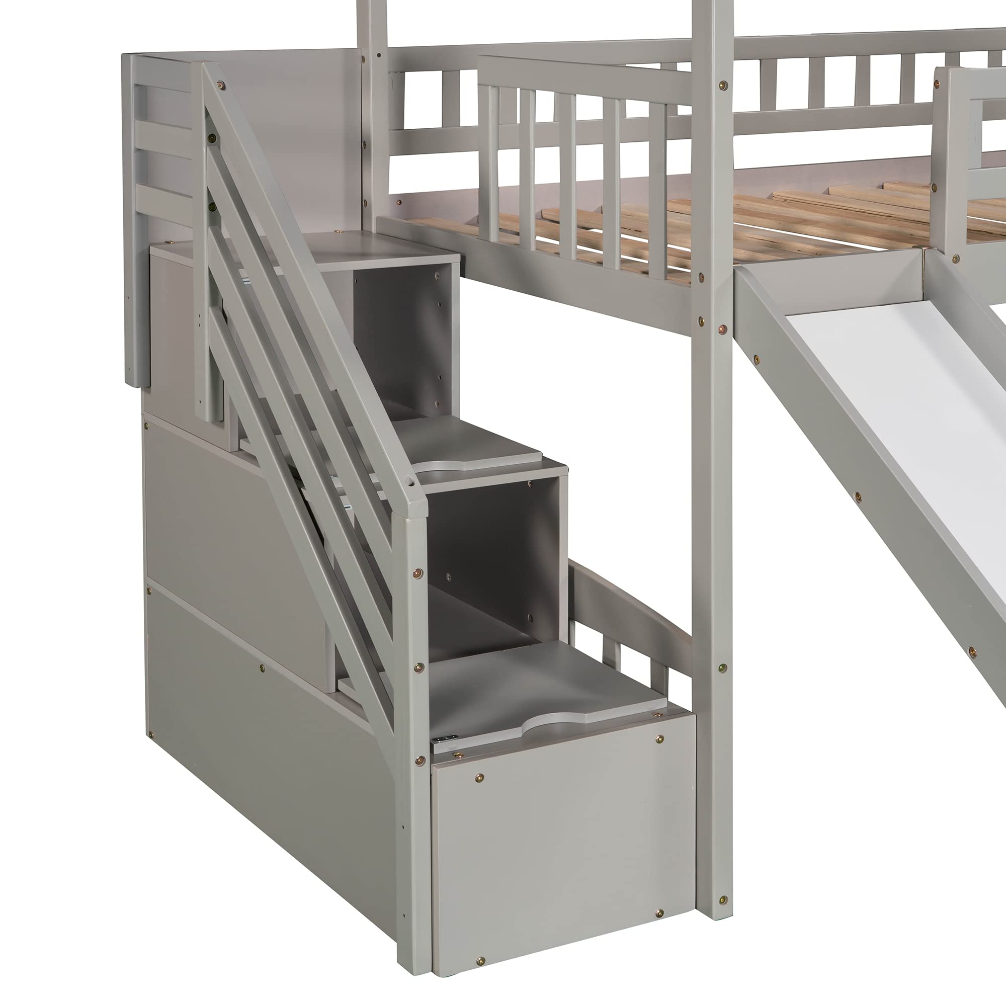 Harper & Bright Designs House Bed Loft Bed with Slide, Twin Loft Bed with Stairs and Storage, Wood Loft Bed Frame for Kids & Girls & Boys (Gray)