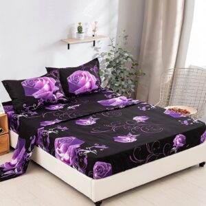 3D Purple Rose Duvet Cover Sheet Set Queen, Reversible Purple Rose Pattern Printed Bedding Comforter Cover with Zipper Closure, 7 Pieces Bundle Soft Microfiber Bedding Duvet Cover Sheets Set 90"x90"