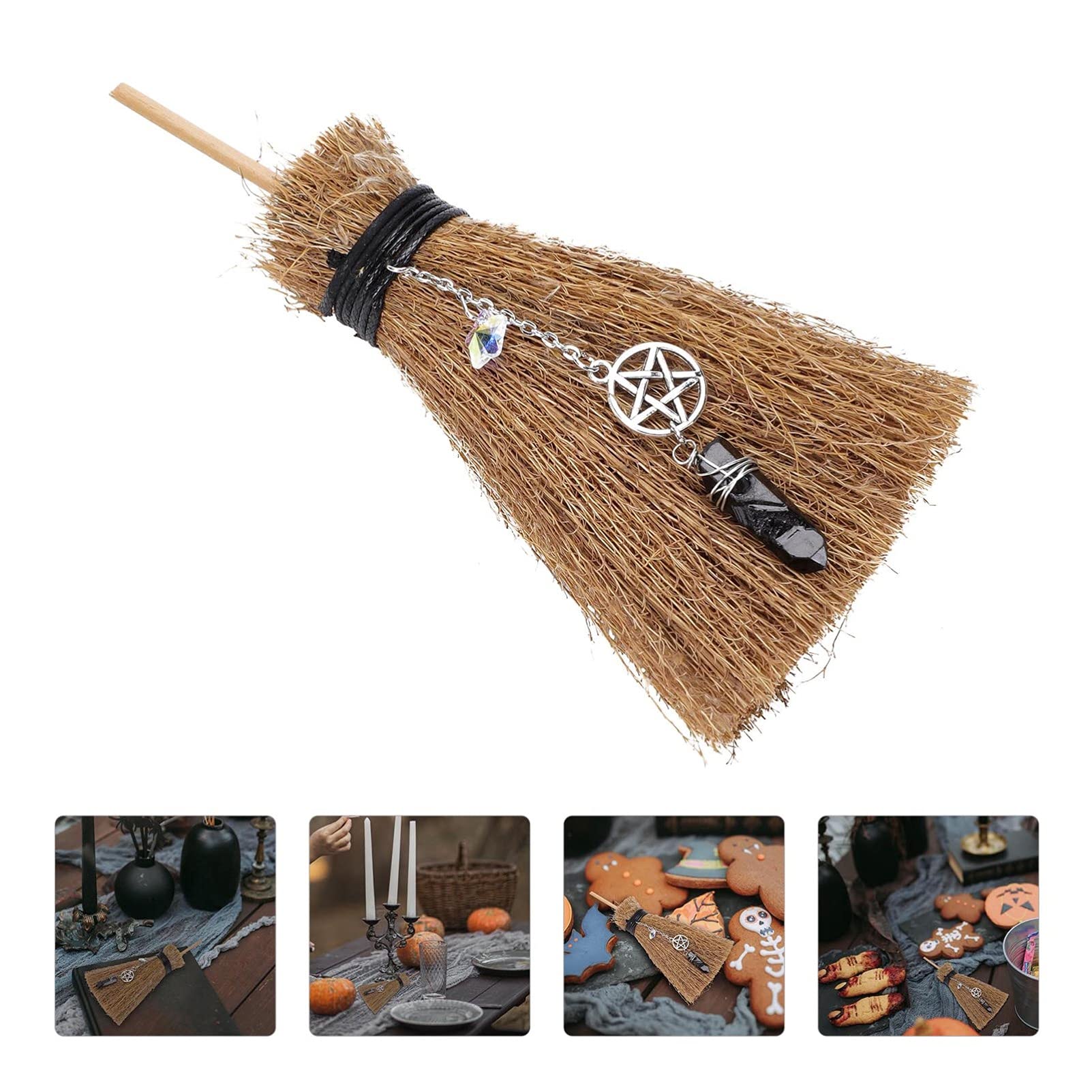 PRETYZOOM Mini Halloween Brooms Mini Witch Broom Crystal Witch Broom Wiccan Altar Broom Pendant Home Halloween Decor Khaki