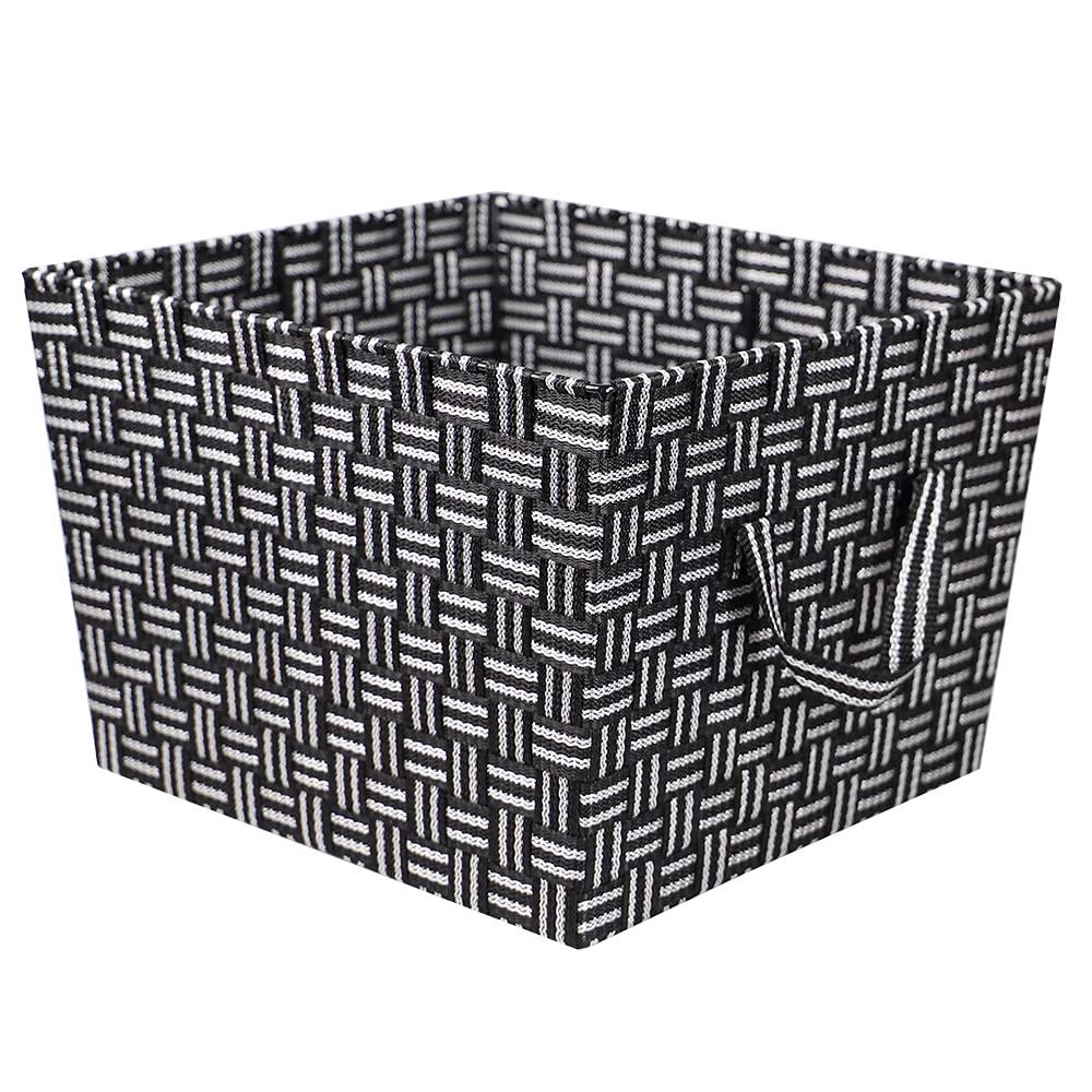 Home Basics Stripe Woven Strap Storage Bin | Various Black | Blue | Brown | Grey | Great for Storage | Metal Frame | Lightweight with Handles | Sturdy Construction (Black, X Large)