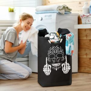 White Sugar Skull with Middle Finger Up Rock Roll on Black Laundry Hamper Basket Bucket, Foldable Dirty Clothes Bag, Waterproof Fabric Washing Bin, Toy Storage with Handles for Bathroom