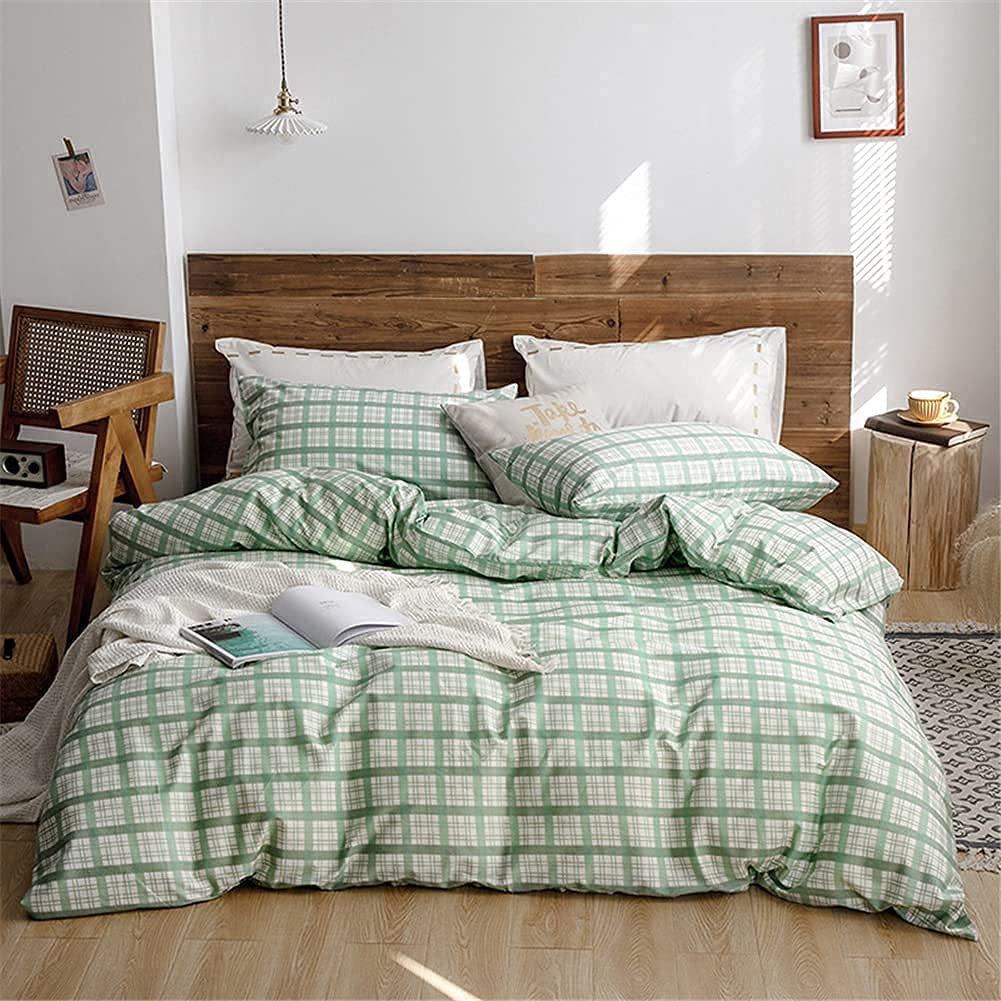 Nayoroom Green Plaid Duvet Cover Queen Size White Sage Green Grid Geometric Patterned Bedding Set 3 Pieces Soft Durable 120G Microfiber Reversible Comforter Cover with Zipper Closure for Women Men