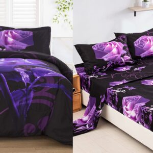 purple rose comfortter set queen and sheet set for queen bed, 3 piece fluffy down alternative duvet set matching with 4 piece bedding sheet set. all season bedding set queen