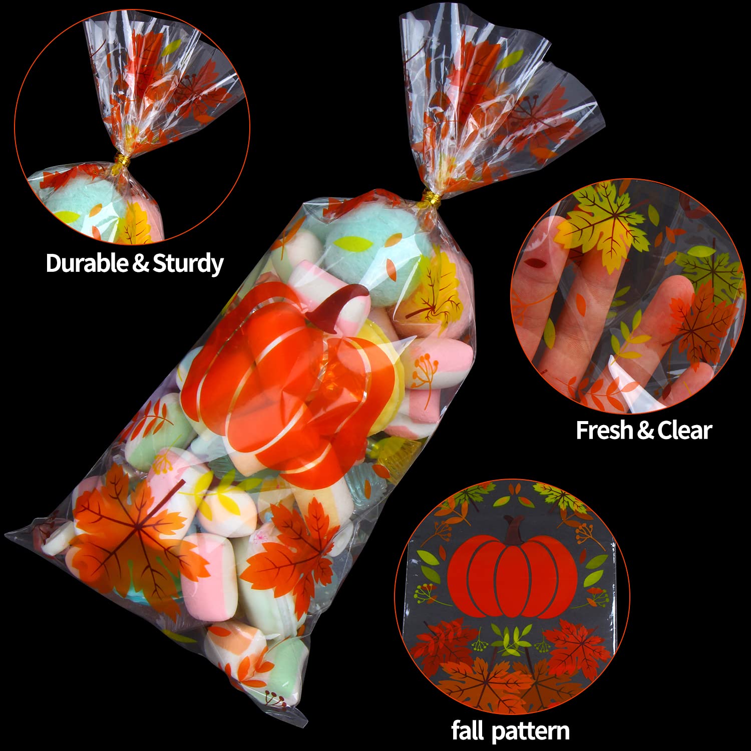 DIYASY Fall Cellophane Treat Bags,120 Pcs Autumn Maple Leaves Pumpkin Candy Bags with Twist Ties for Thanksgiving Party Favor and Holiday Goodies Wrapping