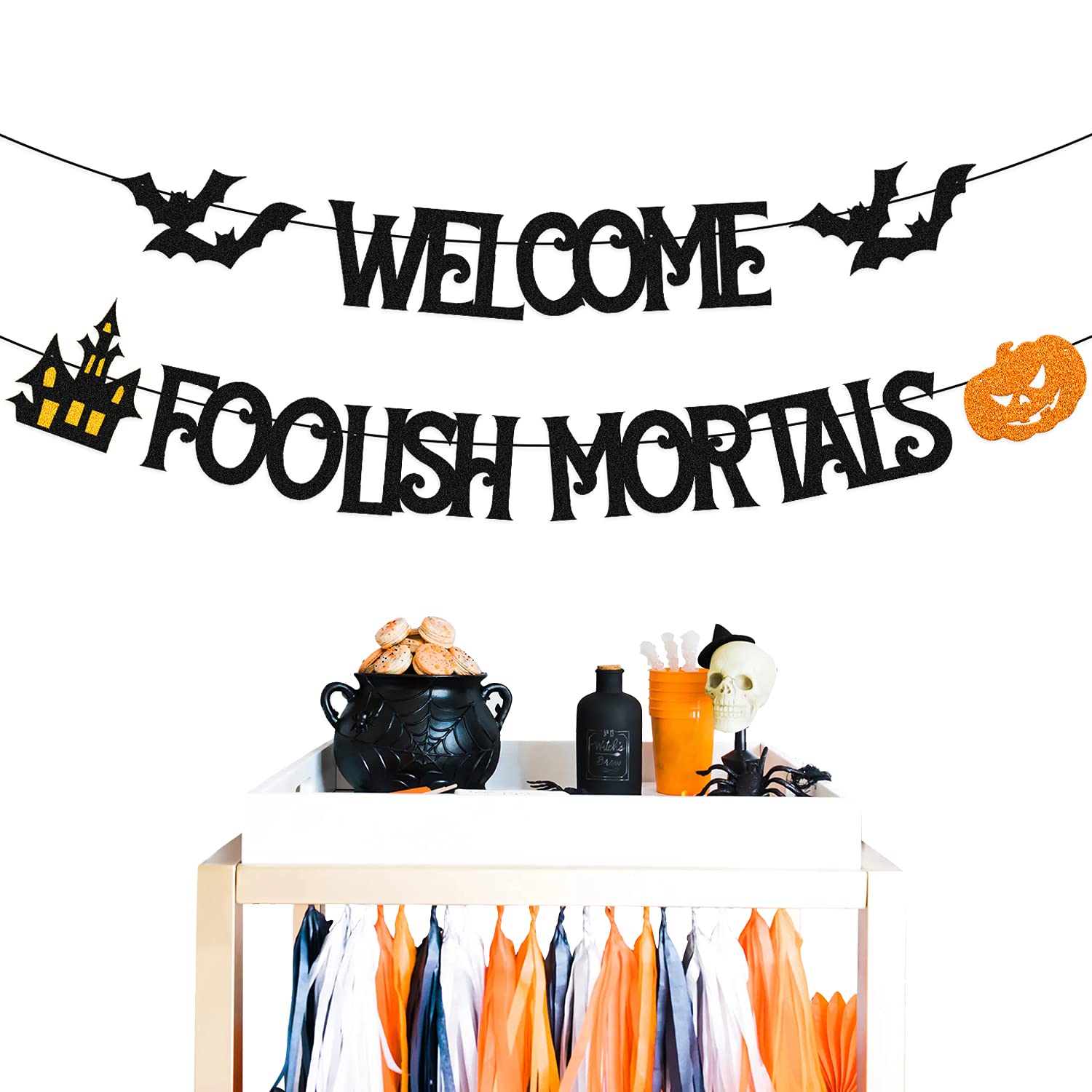 Welcome Foolish Mortals Decorations Halloween Party Banner Haunted House Hanging Ghost Pumpkin Bats Witches Theme Happy Halloween Glitter Black Party Supplies