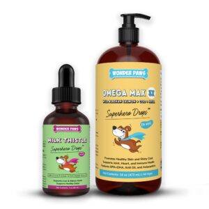 wonder paws milk thistle drops plus omega max fish oil - for dogs liver and kidney support, detox, joint health, skin moisture & immune system support - milk thistle 2 ounces - omega max 16 ounces