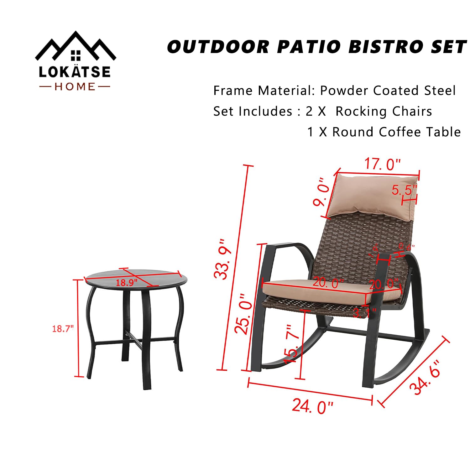 LOKATSE HOME 3 Pieces Outdoor Bistro Set Patio Wicker Furniture Rattan Rocking Chairs with Cushion & Coffee Table, Khaki