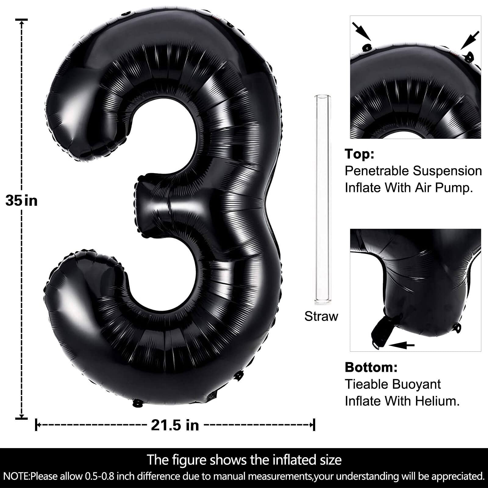 40 Inch Large Black Number 3 Balloon Extra Big Size Jumbo Digit Mylar Foil Helium Balloons for Birthday Party Celebration Decorations Graduations Wedding Anniversary Baby Shower Supplies Photo Shoot