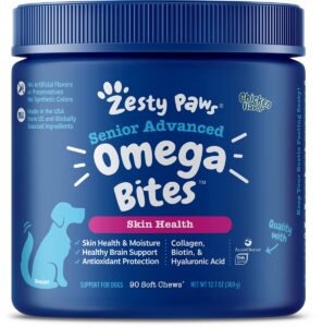 zesty paws skin & coat bites for dogs – fish oil soft chews with omega-3 fatty acids epa & dha - skin, coat, antioxidant & immune support - advanced - 90 count