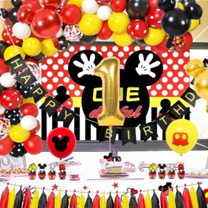 FVABO Mickey 1st Birthday Party Supplies Include Backdrop, Balloons Garland Arch, Welcome Hanger, Banner, Crown, Tablecloth, Cake Topper, Tassels, Mickey Theme Mouse Baby Shower Party Decorations