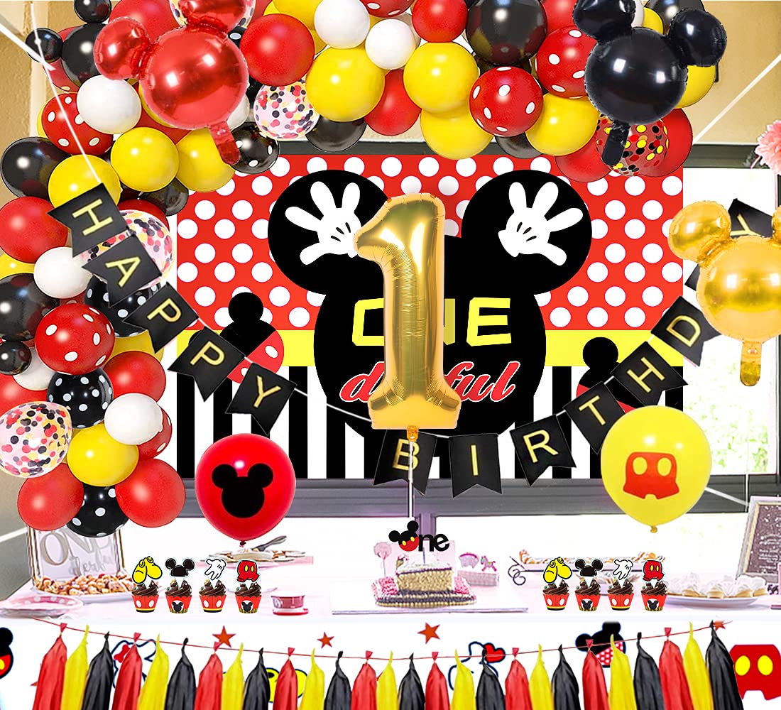 FVABO Mickey 1st Birthday Party Supplies Include Backdrop, Balloons Garland Arch, Welcome Hanger, Banner, Crown, Tablecloth, Cake Topper, Tassels, Mickey Theme Mouse Baby Shower Party Decorations