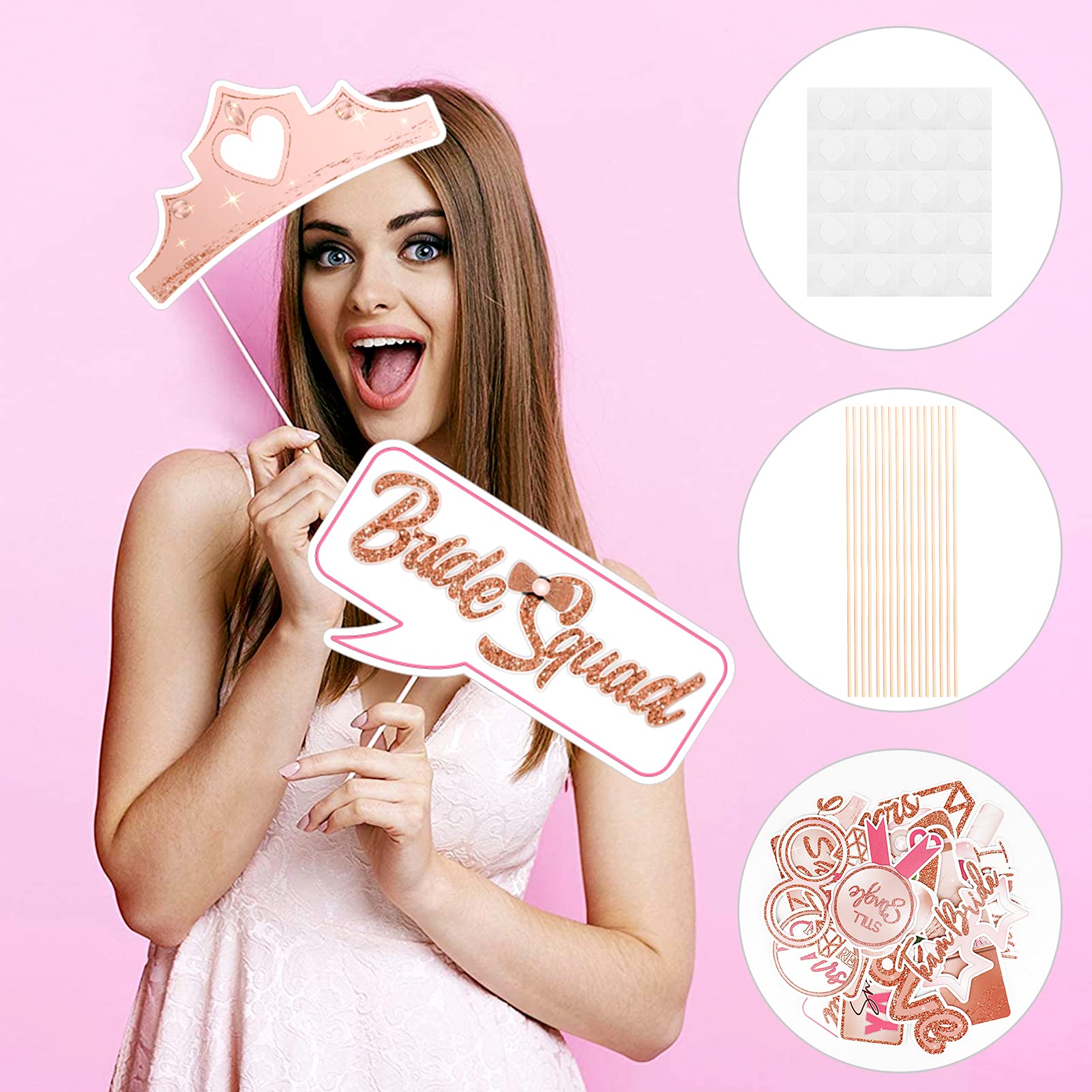 Qpout Bridal Shower Photo Booth Props Kit(21 Count), Rose Gold Wedding Hen Party Funny Selfie Props, Bride to Be Night Party Photo Props Decoration Accessories, with Bamboo Sticks& Stickers