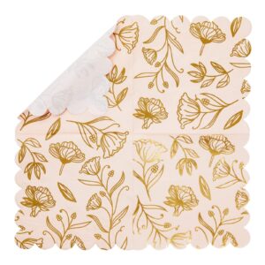 Sparkle and Bash 50-Pack Pink Paper Napkins with Gold Foil, Floral Design & Scalloped Edges for Wedding, Baby Showers, & Bridal Showers, Disposable Cocktail Napkins for Serving Drinks (3-Ply, 5x5 in)