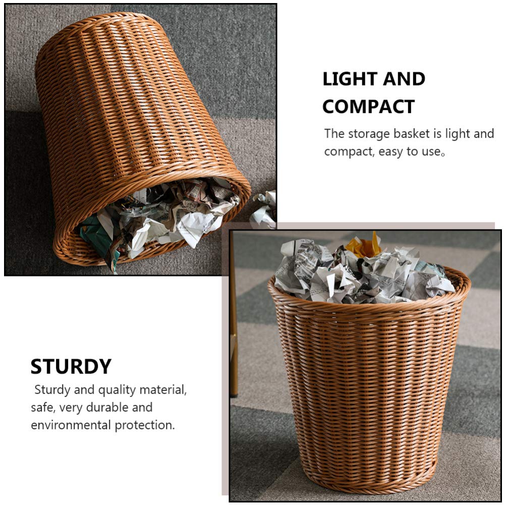 BESPORTBLE Household Wastebasket Storage Basket Artificial Rattan Trash Can, Wooden Storage Bin, Household Trash Basket, Suitable for Kitchen, Living Room, Bedroom Wicker Storage Basket