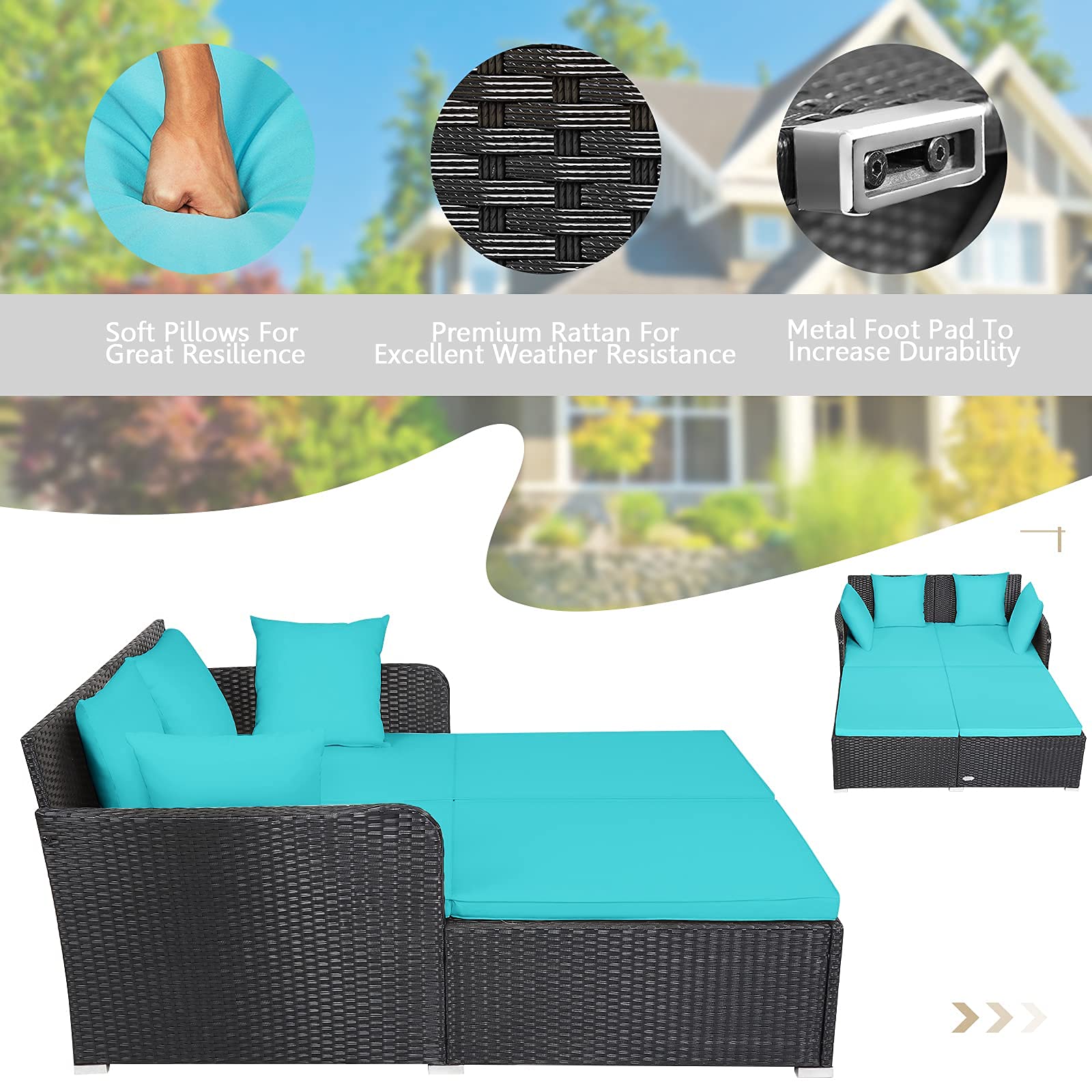 Salches Outdoor Rattan Daybed, Patio Loveseat Sofa Set w/Comfortable Cushions Extra Pillows & Metal Foot, Sunbed Wicker Furniture for Yard/Poolside/Living Room/Garden/Porch, 1, Turquoise