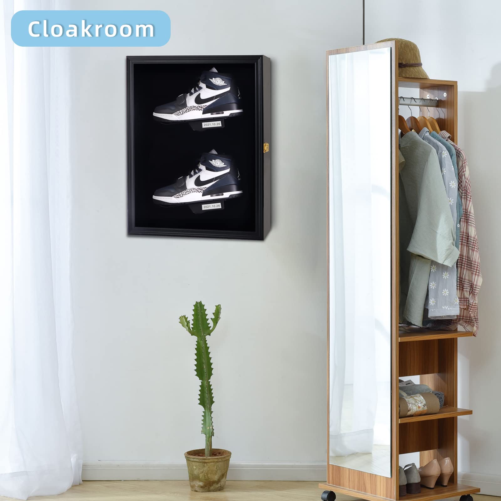 COMSREV Memorabilia Shoe Display Case Wooden Frame Wall Mount Acrylic Clear Door Sneaker Cabinet Containers Storage Shelves Boxes 98% UV Protection Lockable（Double Shoe-Black）