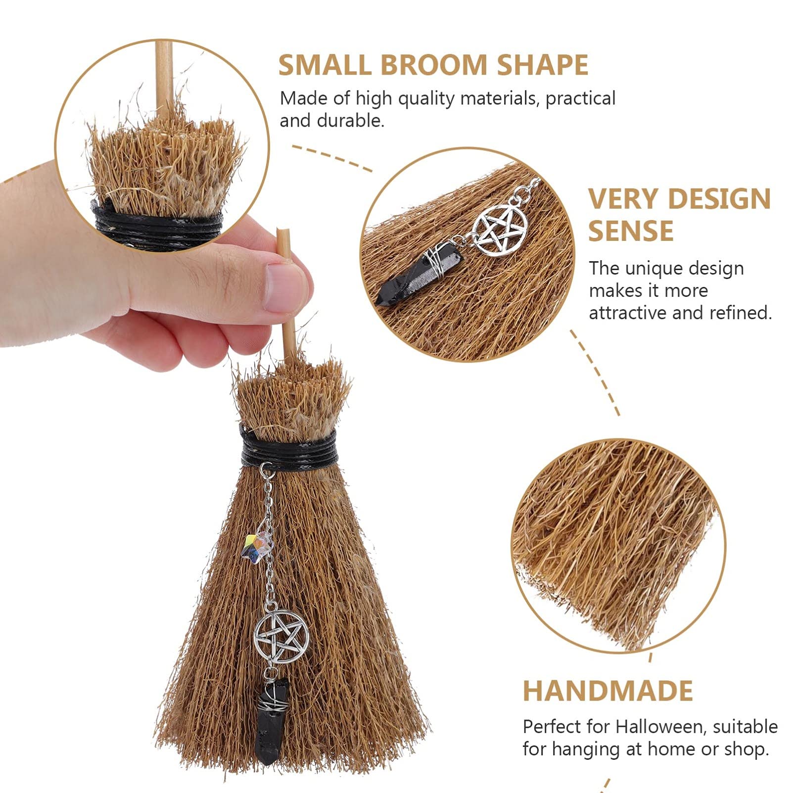 PRETYZOOM Mini Halloween Brooms Mini Witch Broom Crystal Witch Broom Wiccan Altar Broom Pendant Home Halloween Decor Khaki