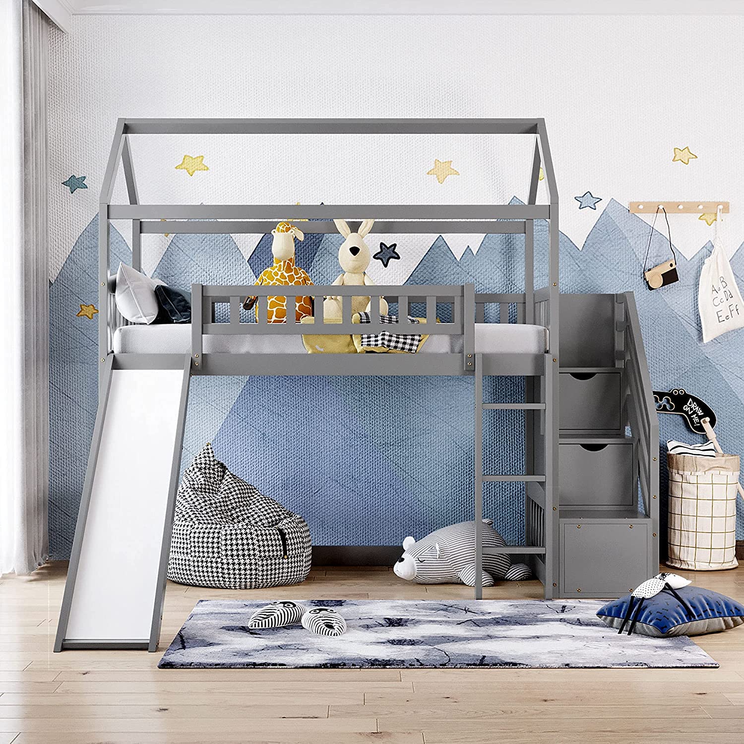 Harper & Bright Designs House Bed Loft Bed with Slide, Twin Loft Bed with Stairs and Storage, Wood Loft Bed Frame for Kids & Girls & Boys (Gray)