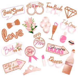 Qpout Bridal Shower Photo Booth Props Kit(21 Count), Rose Gold Wedding Hen Party Funny Selfie Props, Bride to Be Night Party Photo Props Decoration Accessories, with Bamboo Sticks& Stickers