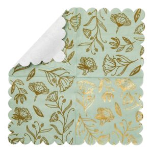 Sparkle and Bash 50-Pack Green Paper Napkins with Gold Foil Floral Design and Scalloped Edges, Green Flower Napkins for Weddings, Baby Showers, Bridal Showers, and Garden Parties (3-Ply, 5 x 5 in)