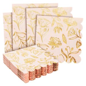 sparkle and bash 50-pack pink paper napkins with gold foil, floral design & scalloped edges for wedding, baby showers, & bridal showers, disposable cocktail napkins for serving drinks (3-ply, 5x5 in)