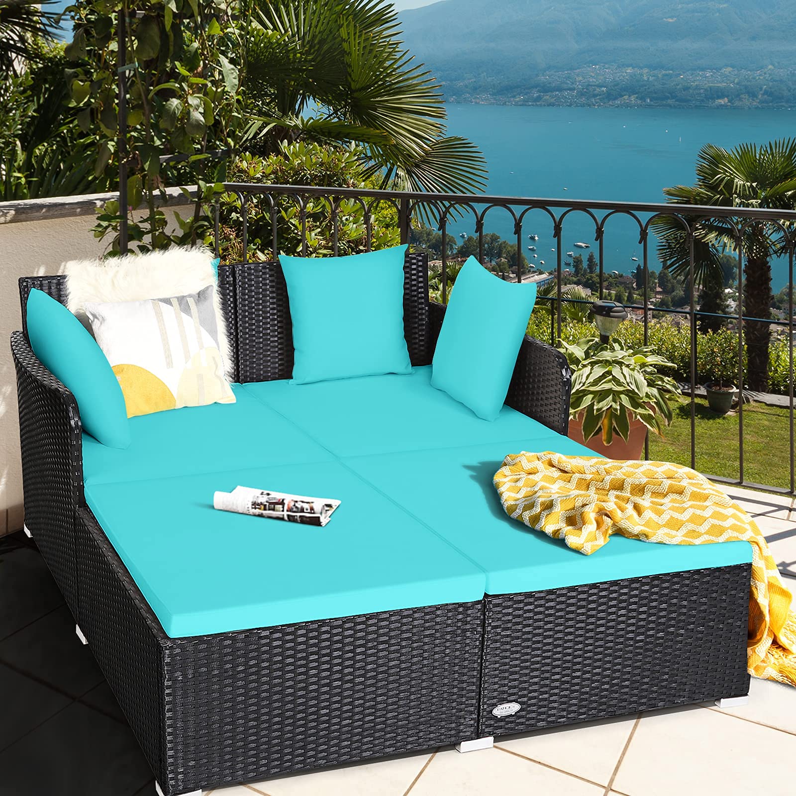 Salches Outdoor Rattan Daybed, Patio Loveseat Sofa Set w/Comfortable Cushions Extra Pillows & Metal Foot, Sunbed Wicker Furniture for Yard/Poolside/Living Room/Garden/Porch, 1, Turquoise