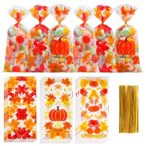 diyasy fall cellophane treat bags,120 pcs autumn maple leaves pumpkin candy bags with twist ties for thanksgiving party favor and holiday goodies wrapping