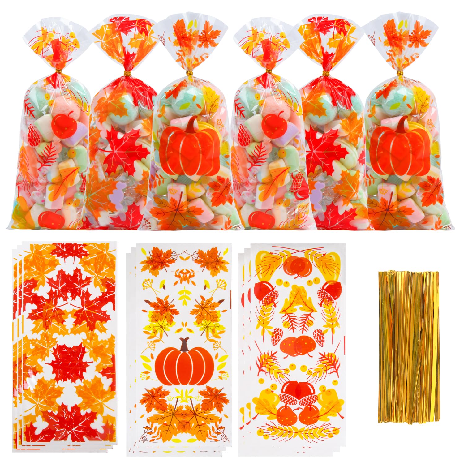 DIYASY Fall Cellophane Treat Bags,120 Pcs Autumn Maple Leaves Pumpkin Candy Bags with Twist Ties for Thanksgiving Party Favor and Holiday Goodies Wrapping