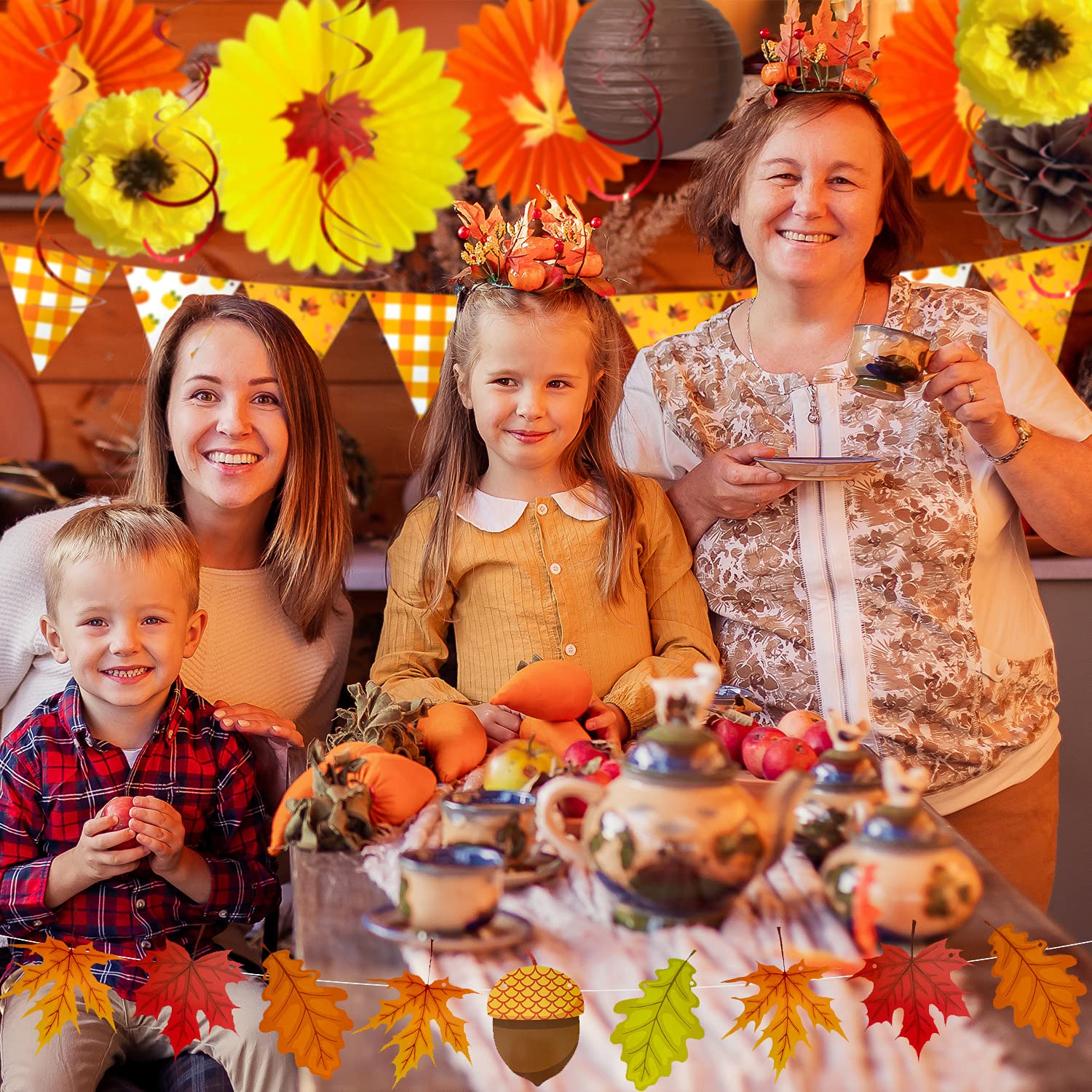 Mauts-inus Fall Thanksgiving Party Decorations -Orange Autumn Hanging Paper Fans Pom Poms Maple Leaves Party Swirls Streamers Lanterns Garlands Fall Banner for Thanksgiving Wedding Birthday