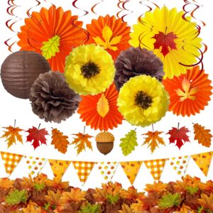 mauts-inus fall thanksgiving party decorations -orange autumn hanging paper fans pom poms maple leaves party swirls streamers lanterns garlands fall banner for thanksgiving wedding birthday