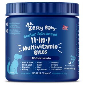 zesty paws senior dog multivitamin treats - glucosamine for dogs + digestive enzymes & probiotics - grain free dog vitamins for skin & coat + immune health - beef - advanced - 90ct